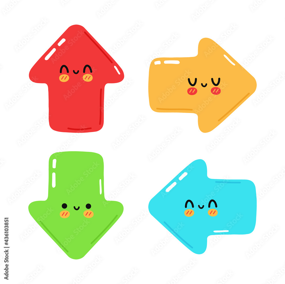 Funny cute happy arrows characters bundle set. Vector kawaii line ...