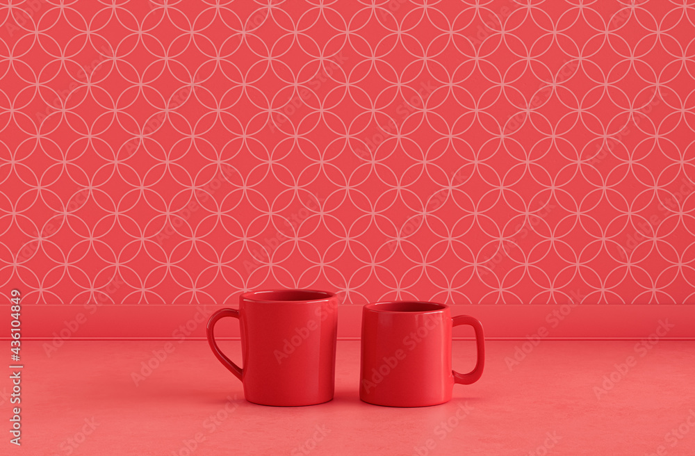 Two red coffee cups side by side on red front view kitchen counter top ...