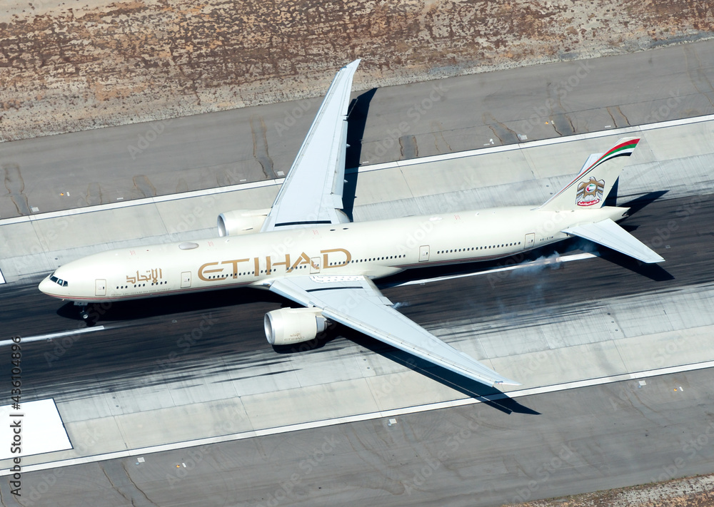 Aerial view of Etihad Airways A6-ETM Boeing 777 wearing old livery ...
