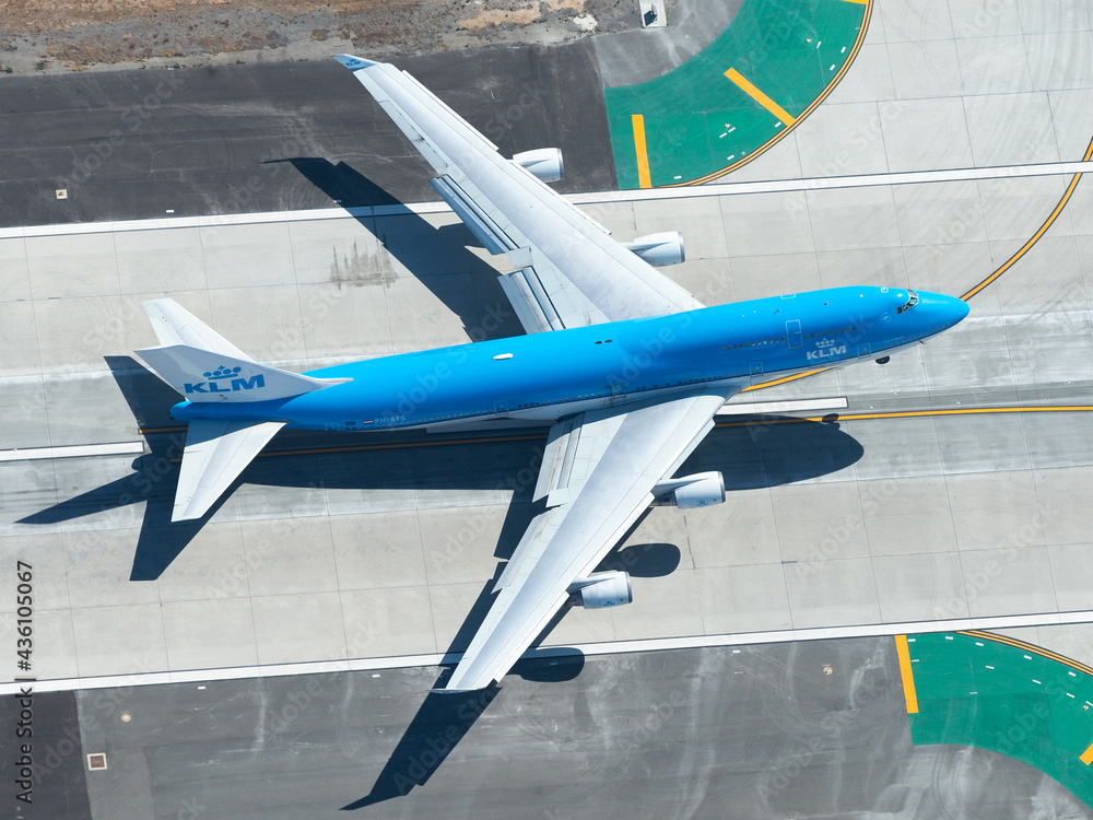 Aerial view of Royal Dutch Airlines Boeing 747 departure from LAX ...