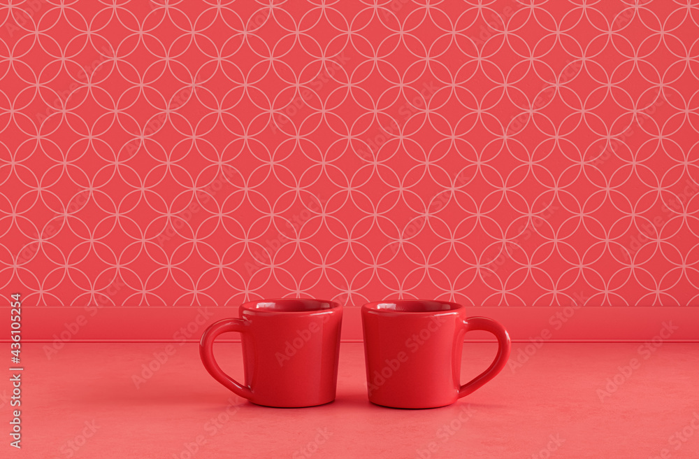 Two Red porcelain coffee cups side by side on monochrome red color ...