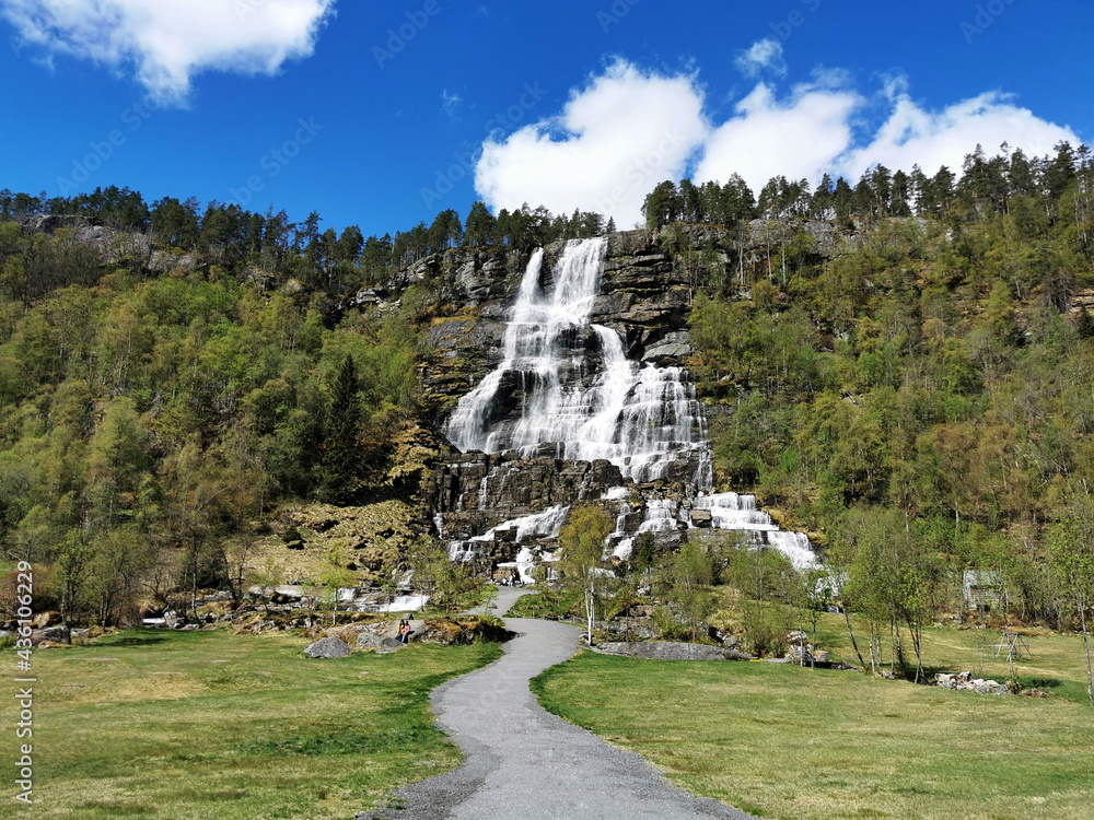 Beautiful scenery of the famous Tvindefossen waterfall in Norway Stock ...