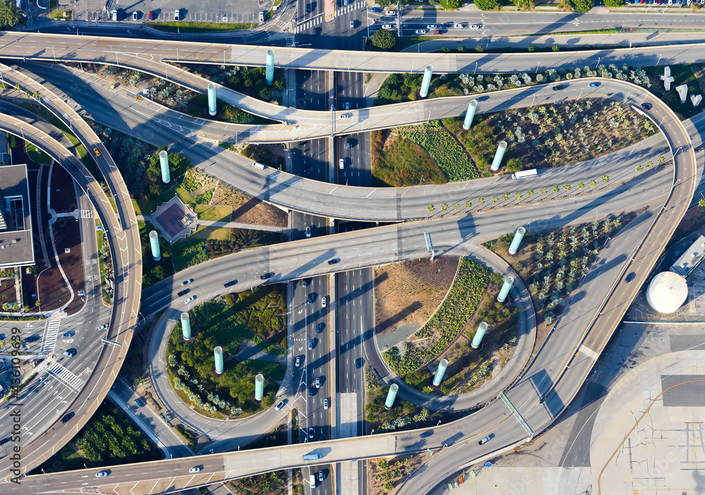 Iconic LAX Airport Gateway Pylon aerial view showing multiple road ...