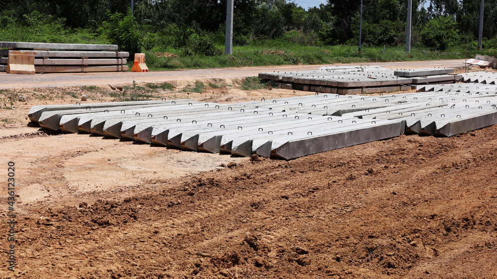 Reinforced concrete piles on the ground. High-strength prestressed ...