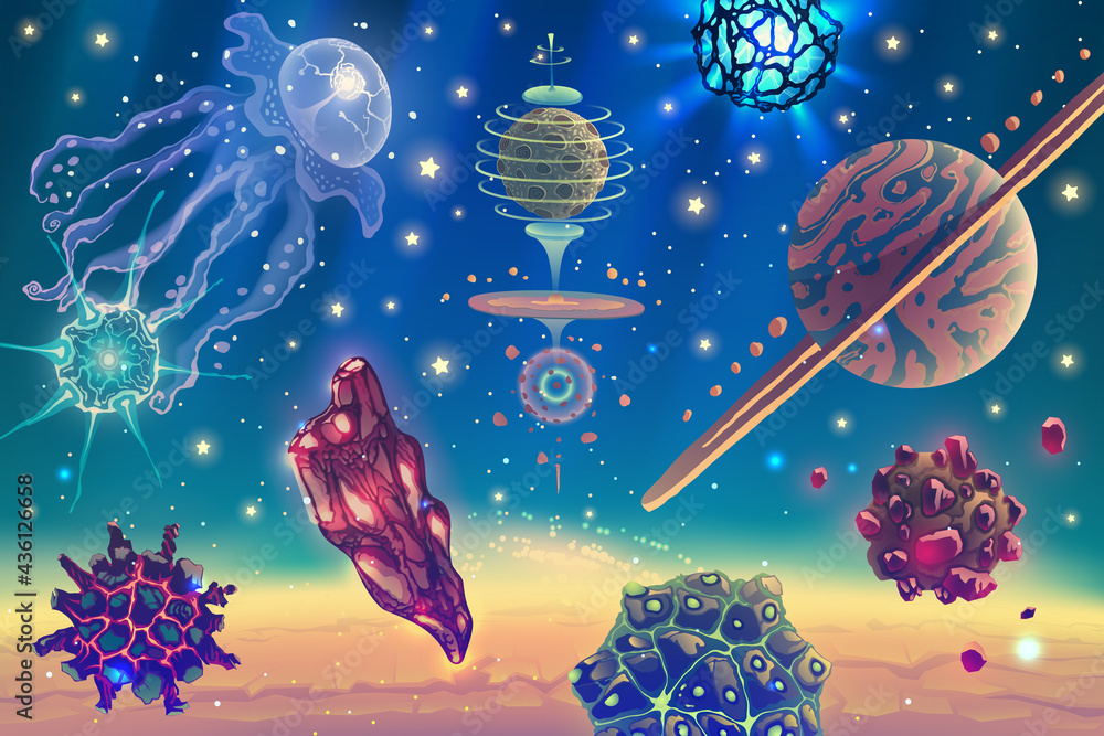 Magic space landscape with fantasy planets, stars, sun, galaxies ...