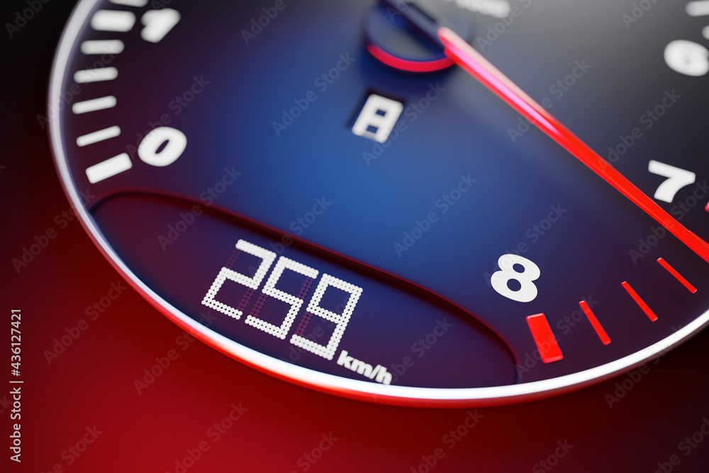 3D illustration of the new car interior details. Speedometer shows a ...