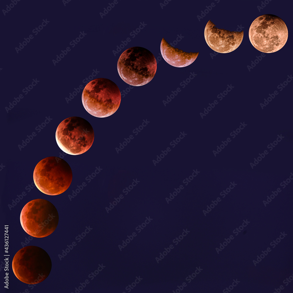 Multi shot moon from lunar eclipse to full moon with very dark blue ...
