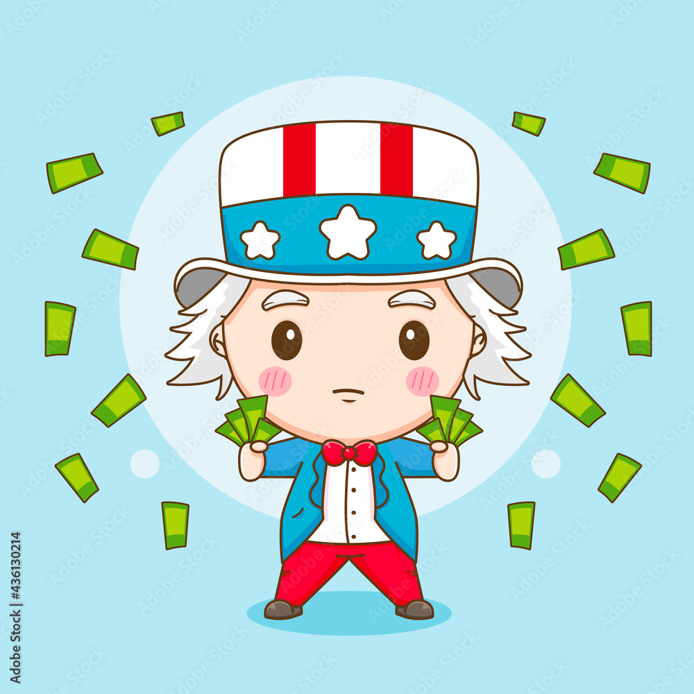 Cartoon illustration of cute uncle Sam character holding money Stock ...