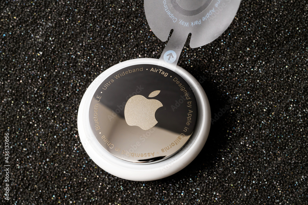 Paris, France - May 2, 2021: Hero object new AirTag with back ...