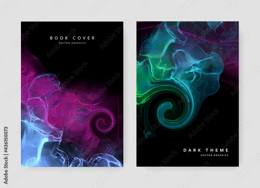 A4 Abstract book cover layouts with fiery fluid smoke, contrast colors ...