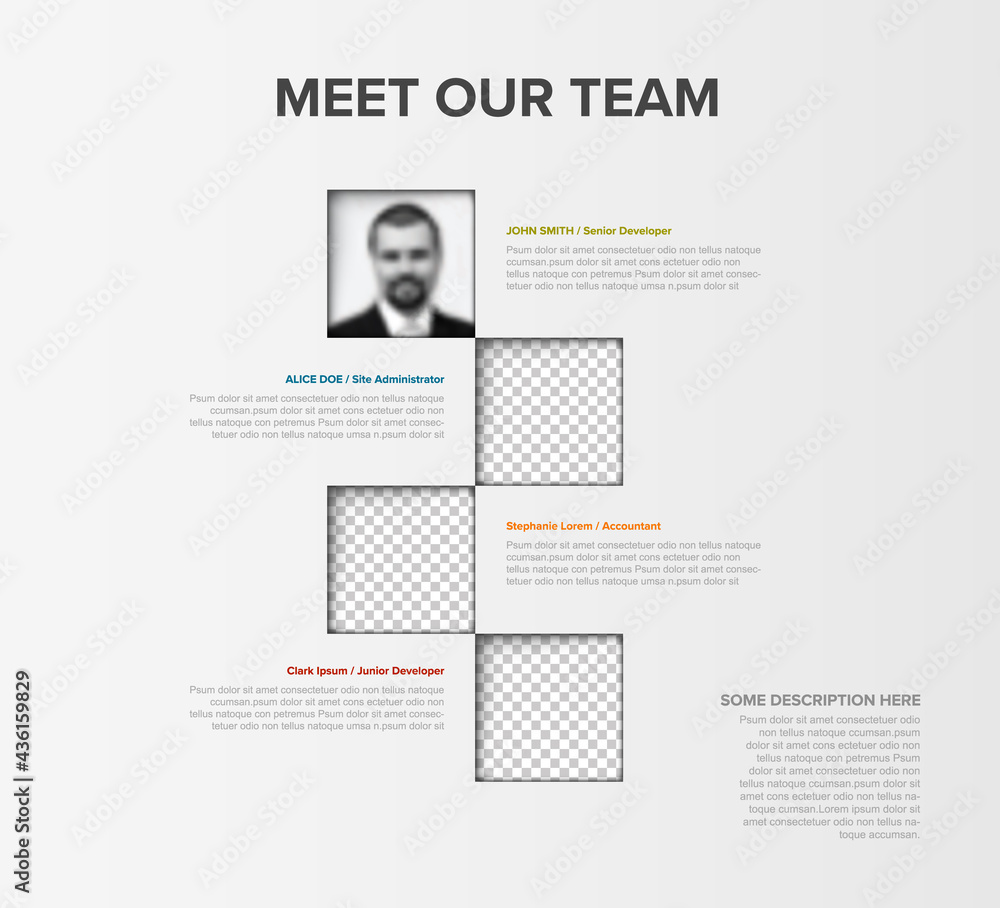 Meet out team mosaic presentation template page with photos Stock ...