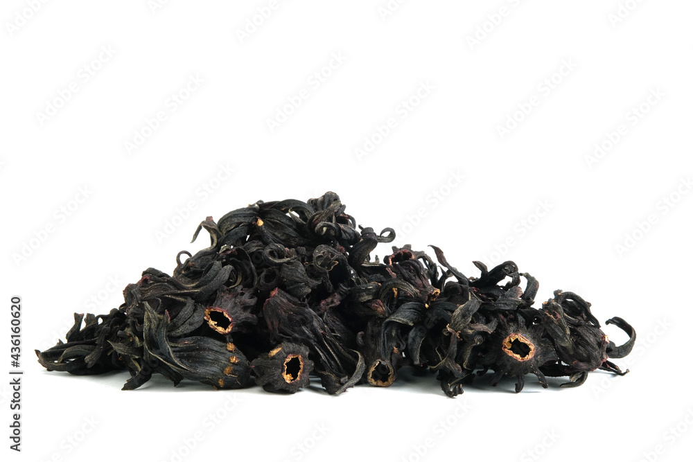 Pile of dried Rosella flower ( Hibiscus sabdariffa ) isolated on white ...