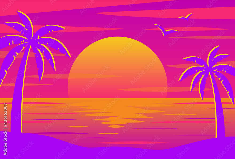 vector background with sunset on the beach with palms for banners ...