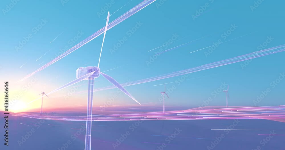 Wind farm with multiple rotating wind turbine rotor blades and moving ...