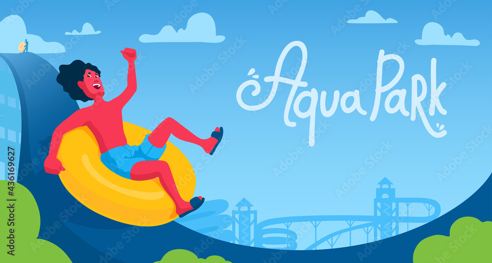 Plakat Man on a water slide on an inflatable ring. A waterpark ...