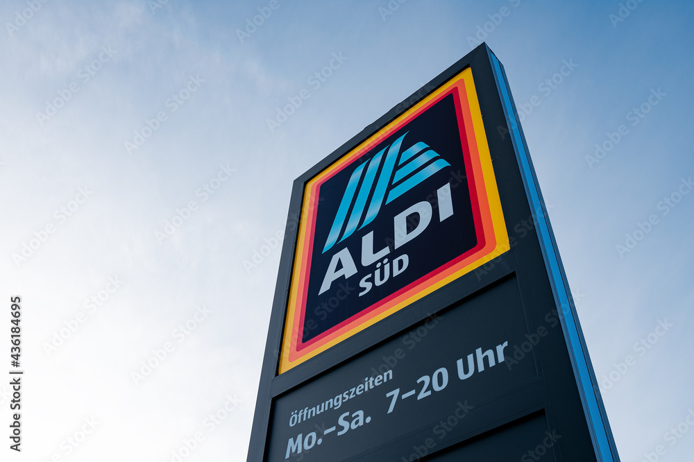 Aldi Süd German retail grocer - company logo with opening hours. Food ...