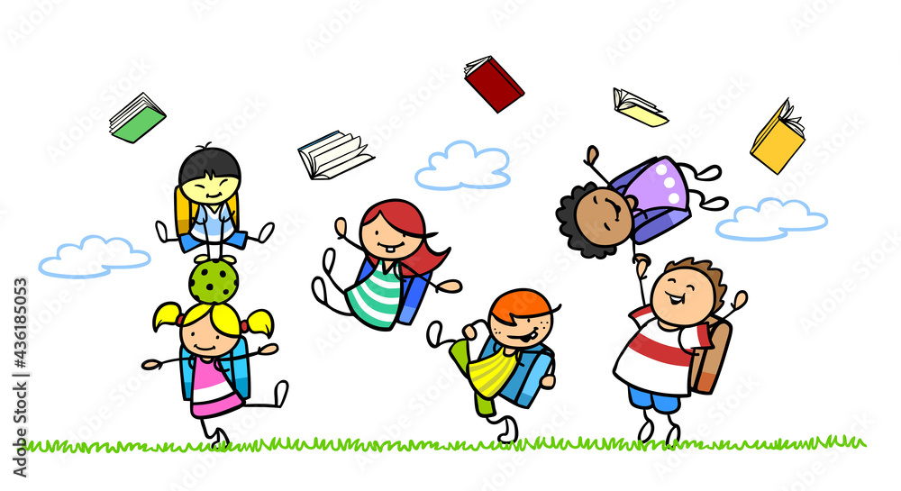 Glückliche Schulkinder mit Schulranzen und Büchern Stock Illustration ...