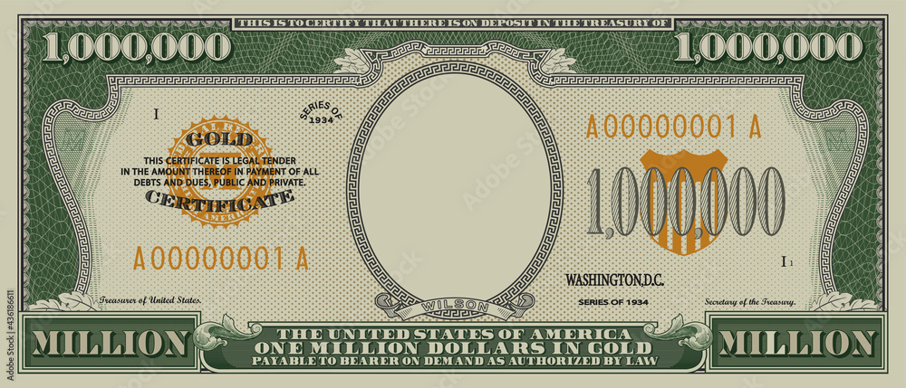 Fictional obverse of a gold certificate with a face value of 1,000,000 ...