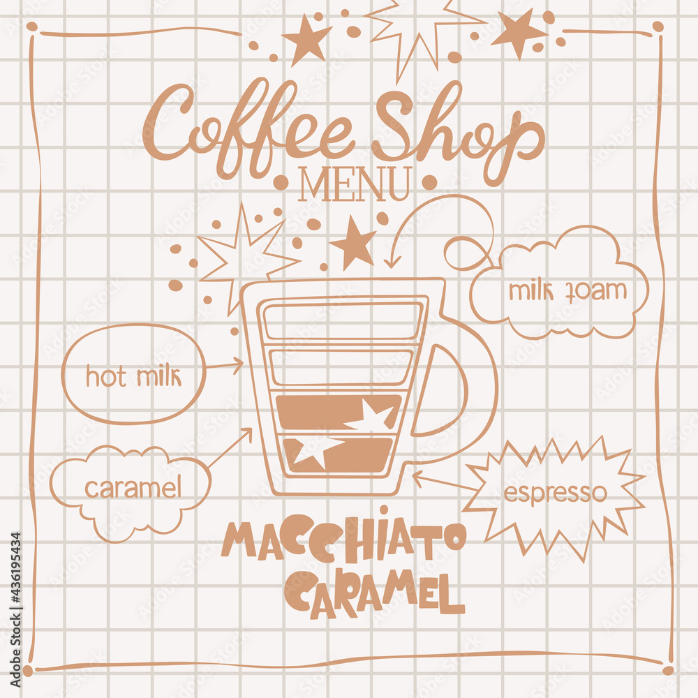 Macchiato Caramel. Coffee shop menu. Coffee cup. Lettering. Coffee ...