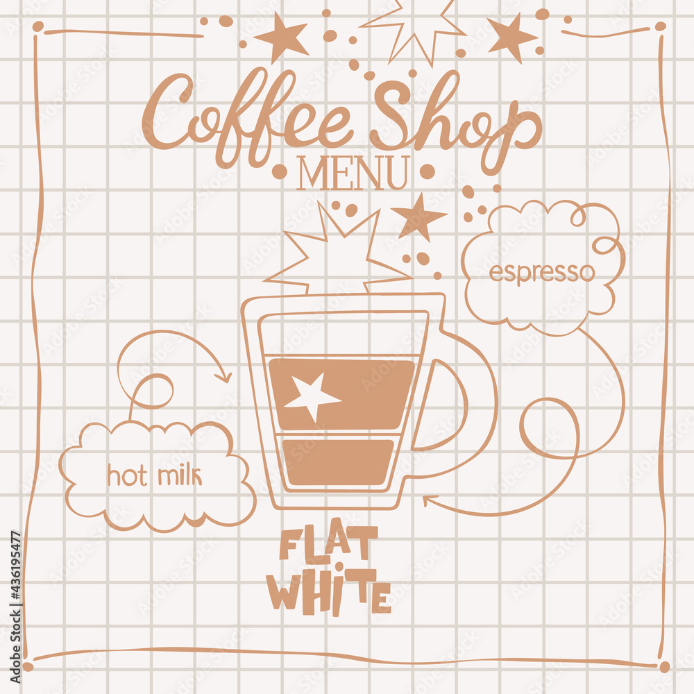 Flat white. Coffee shop menu. Coffee cup. Lettering. Coffee drink ...