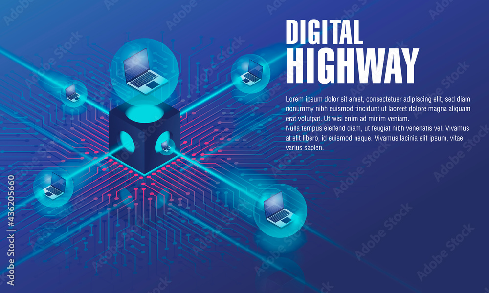 Isometric concept with with laptop and network circuits. Laptops flying ...