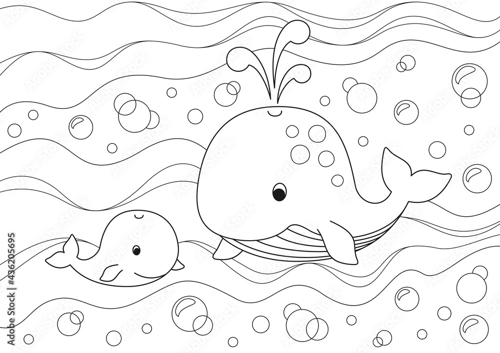 Coloring page with mother whale and baby whale swimming on the waves ...