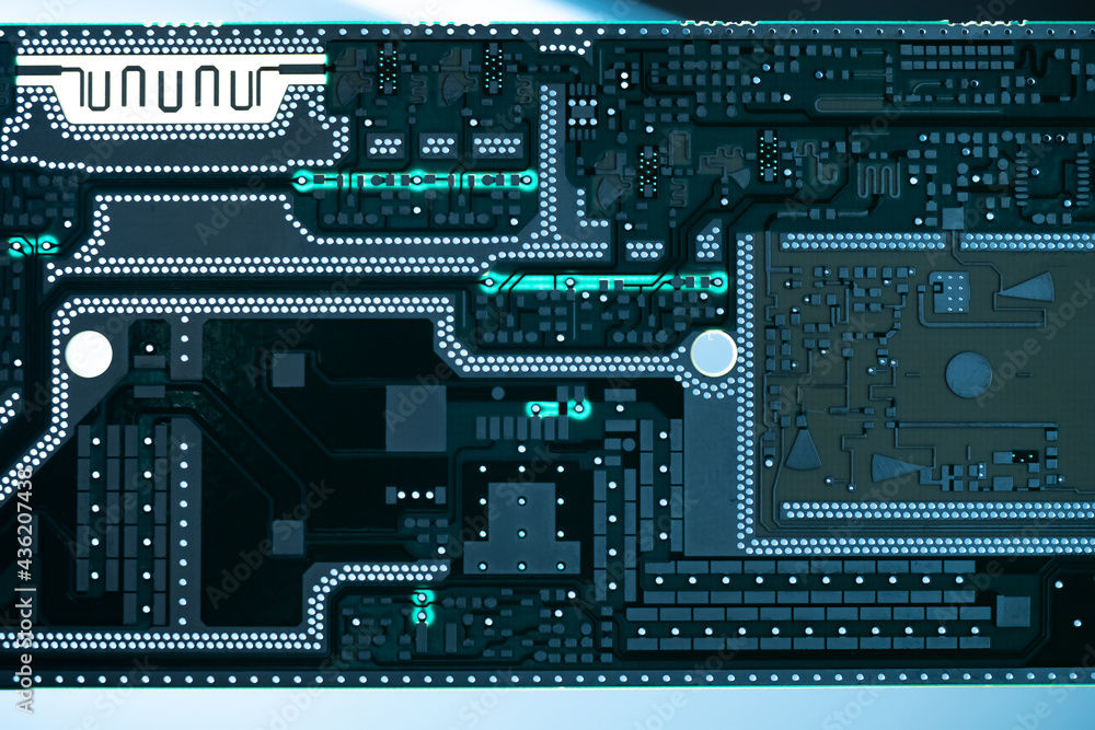 Circuit board close-up. PCB background. Silhouette of a printed circuit ...