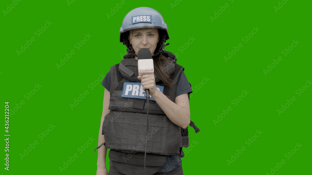 GREEN SCREEN CHROMA KEY Caucasian female war journalist wearing ...