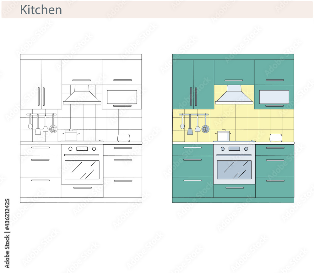 plan of the kitchen with color and outline for posters, decor ...