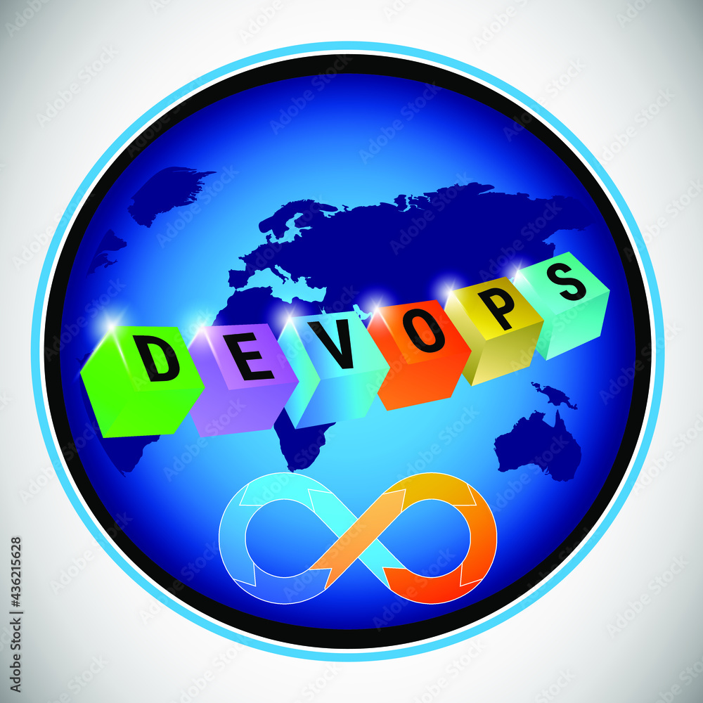 DevOps Concept, vector 3d text blocks on world map background in globe ...