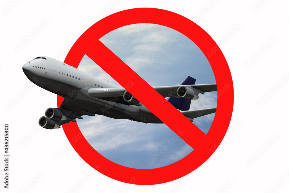 The airplane flight ban sign on a white background.Concept: closing of ...