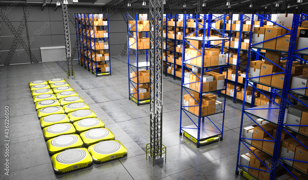 Warehouse with packages, rack shelves and robots - 3D illustration ...