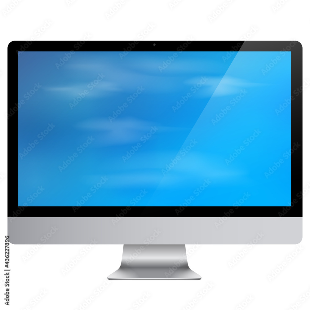 Realistic 3d computer monitor design with blue sky wallpaper background ...