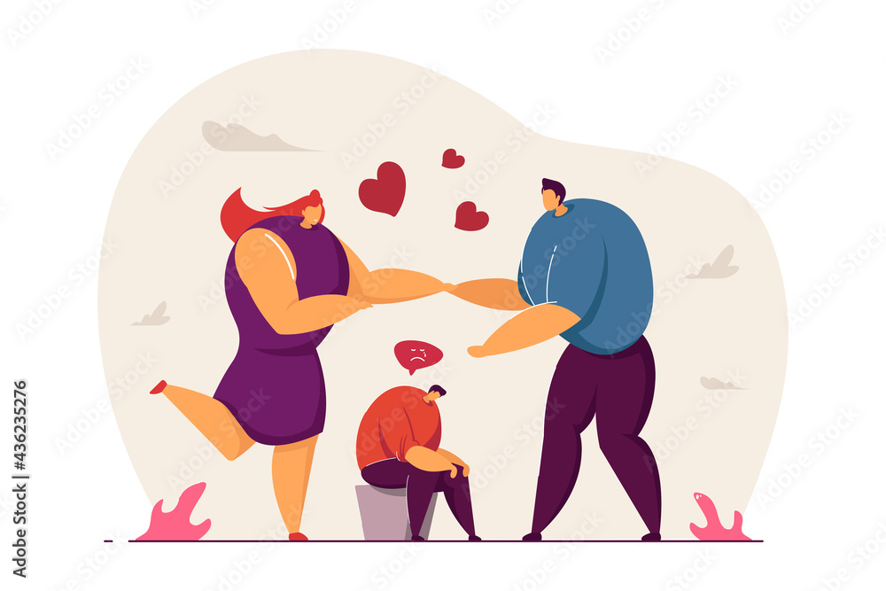 Man jealous of happy couple. Sad male character with head down ...