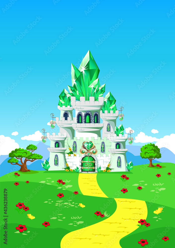 Emerald city and yellow brick road on a fairy tale background. Vector ...