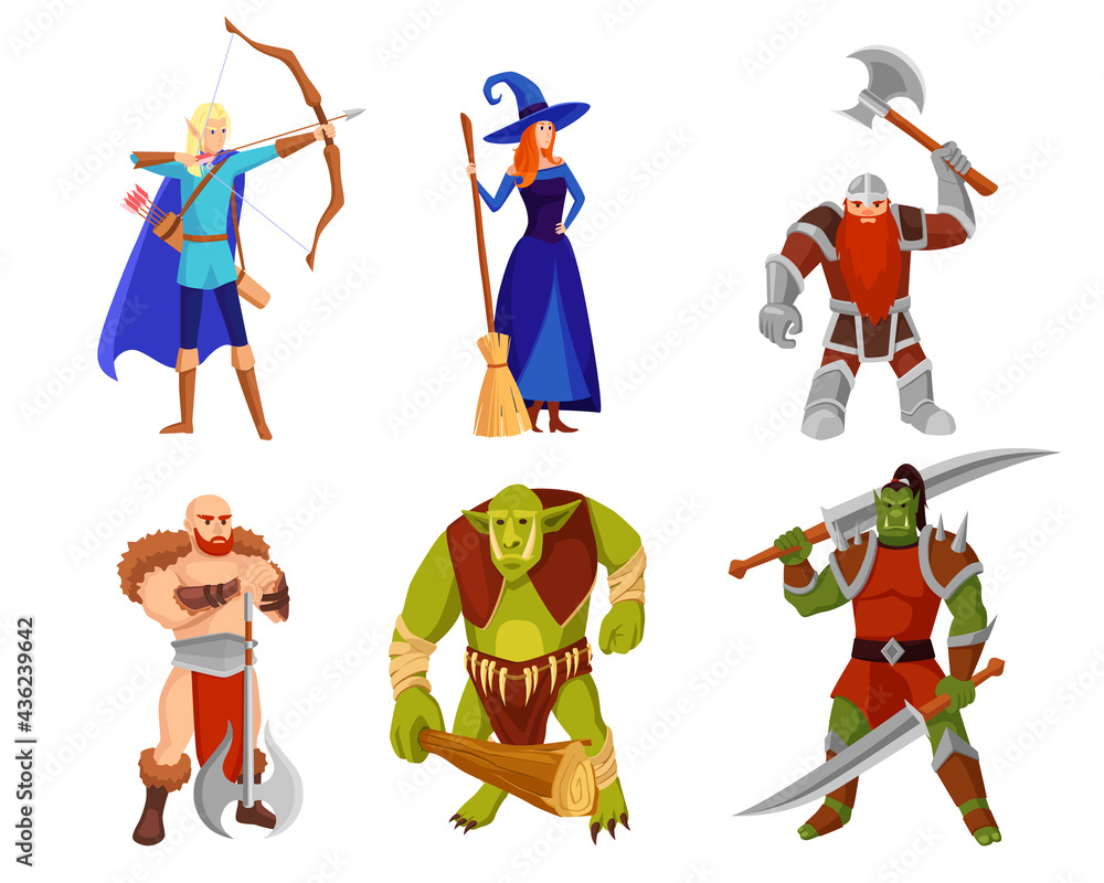 Cartoon monsters and warriors vector illustrations set. Elf with bow ...