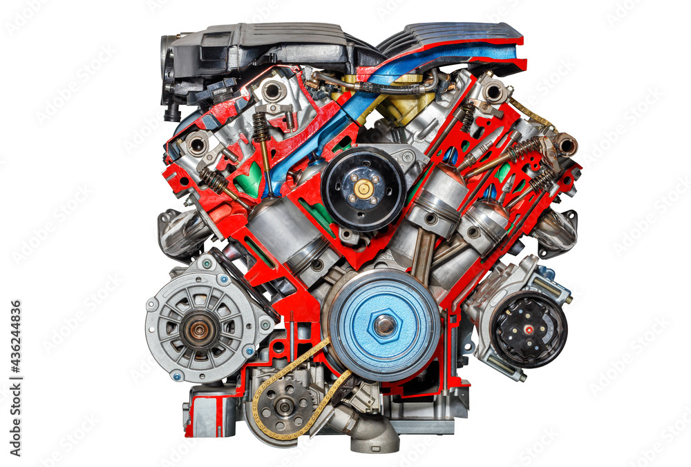 Cutaway of an internal combustion engine of a modern car at an ...