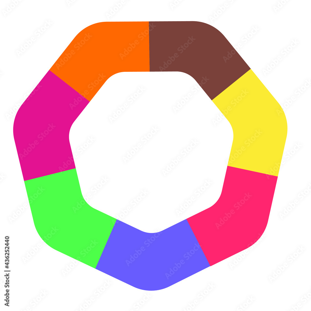Hexagonal infographic layout with 7 options. Connected circular number ...
