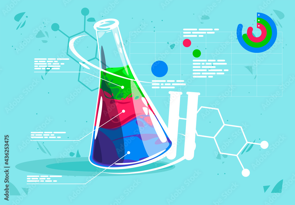 Vector illustration of a chemical flask with three different liquids ...