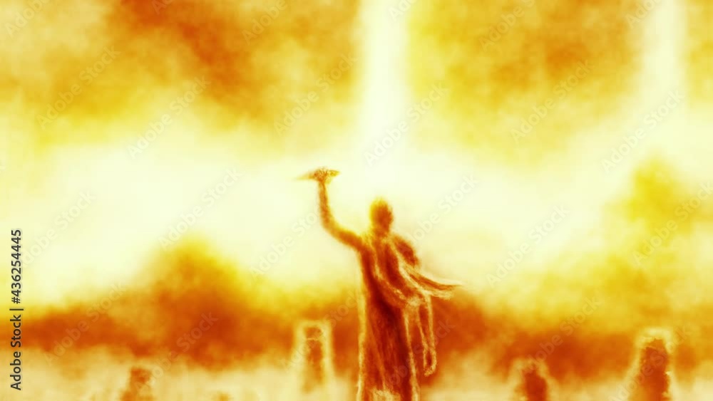 Radiant monk raises a ritual dagger above his head. Ancient gods ...