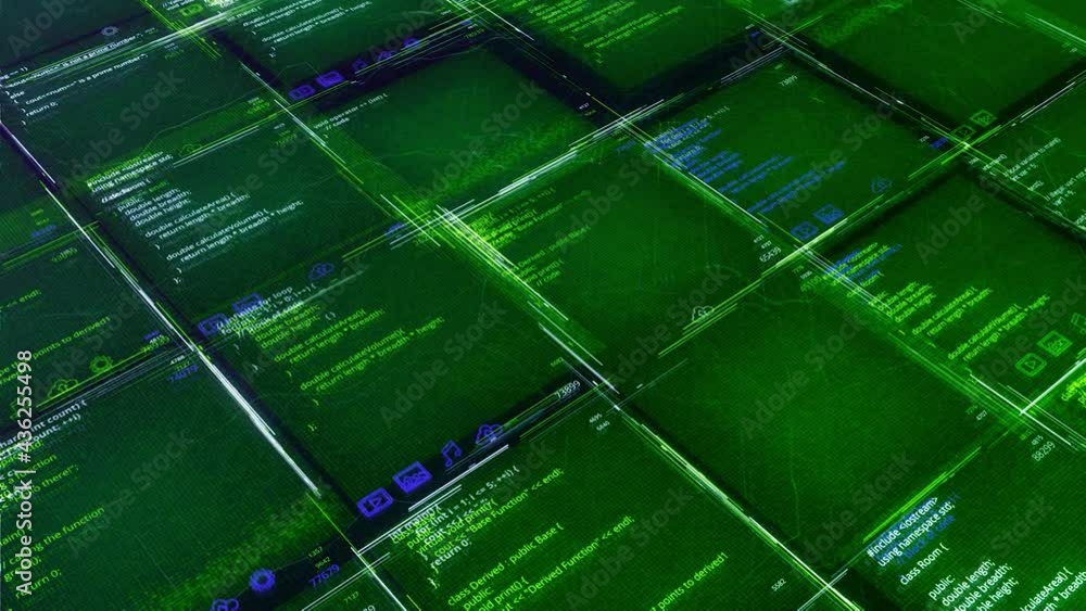 Green background with program codes in table. Animation. Computer futuristic background with ...