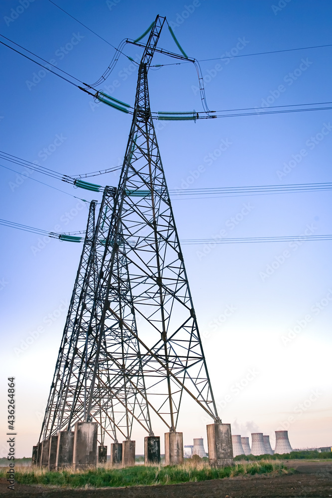 High voltage power line on industrial electricity line tower for ...