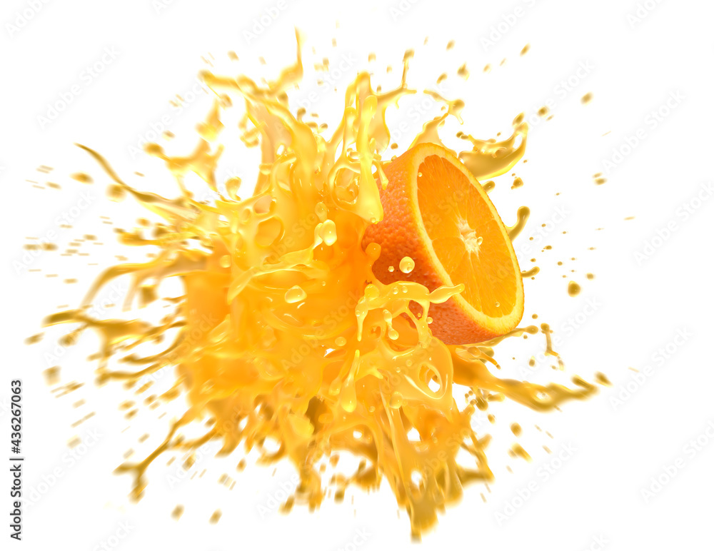 Explosion of orange juice. Splash of orange juice. White background ...