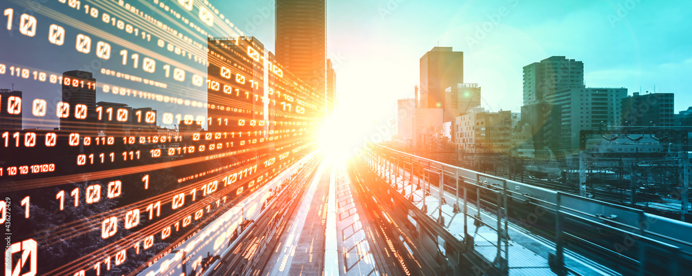 Digital data flow on road with motion blur to create vision of fast ...