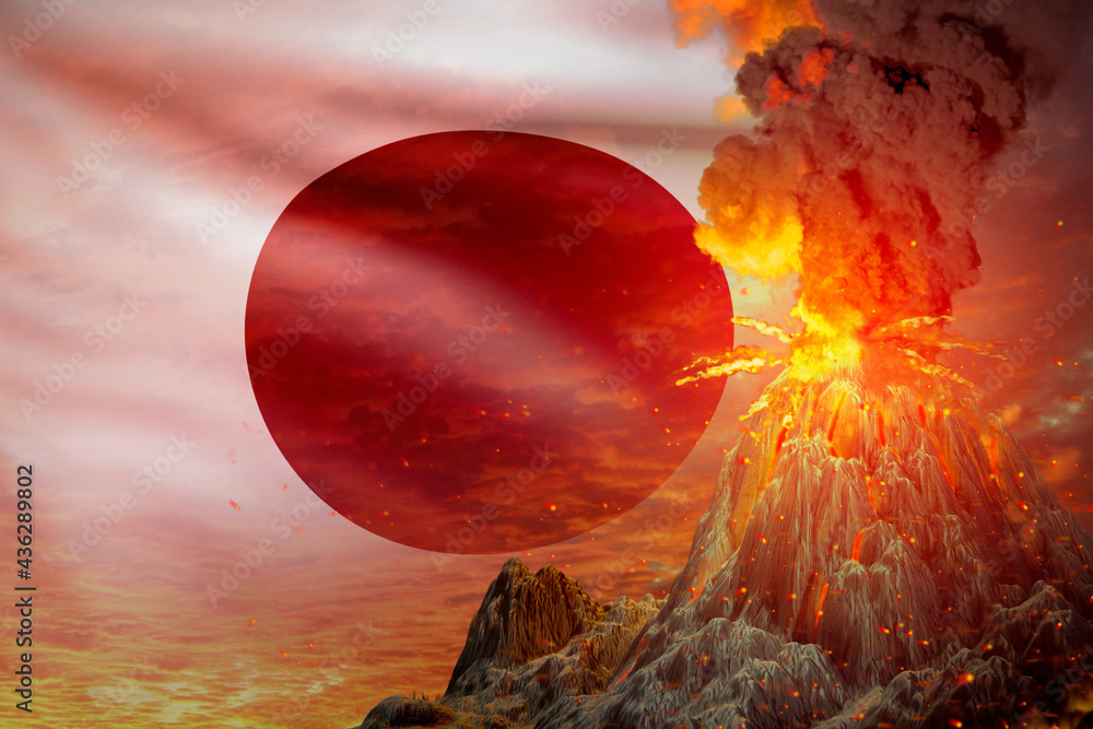 high volcano eruption at night with explosion on Japan flag background ...