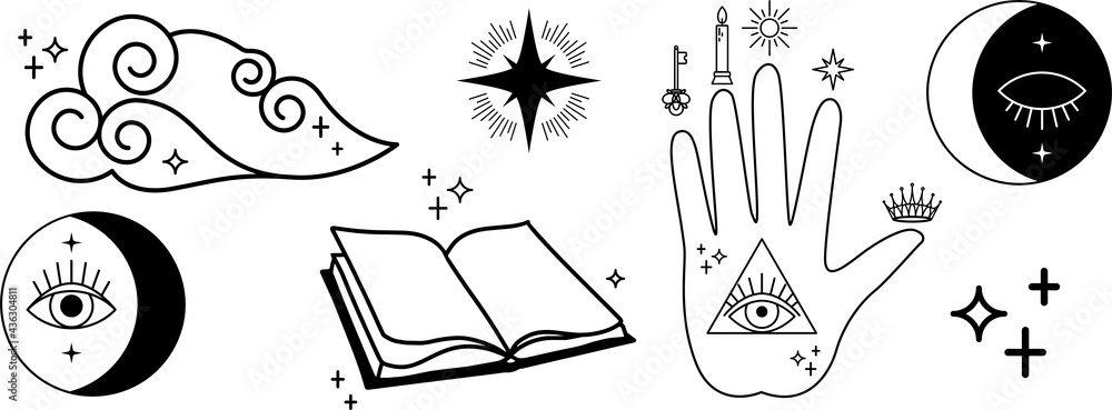 Sacred Witch and Mystical Symbols, Witchy hand drawn magic element ...