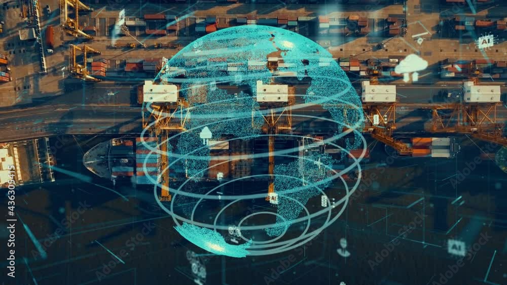 Shipping harbor aerial view with graphic of network technology ...