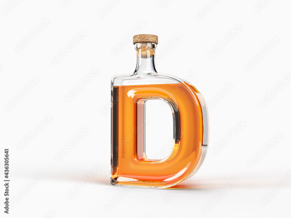 Letter D shaped bottle with whisky inside. 3d illustration, suitable ...