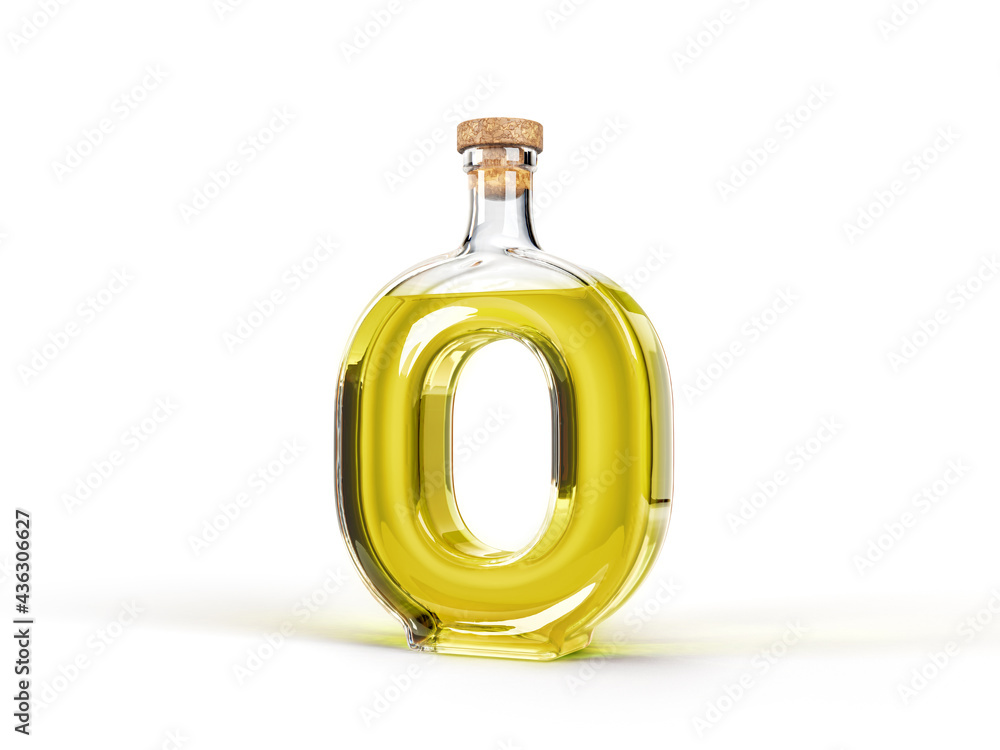 Letter O shaped bottle with olive oil inside. 3d illustration, suitable ...