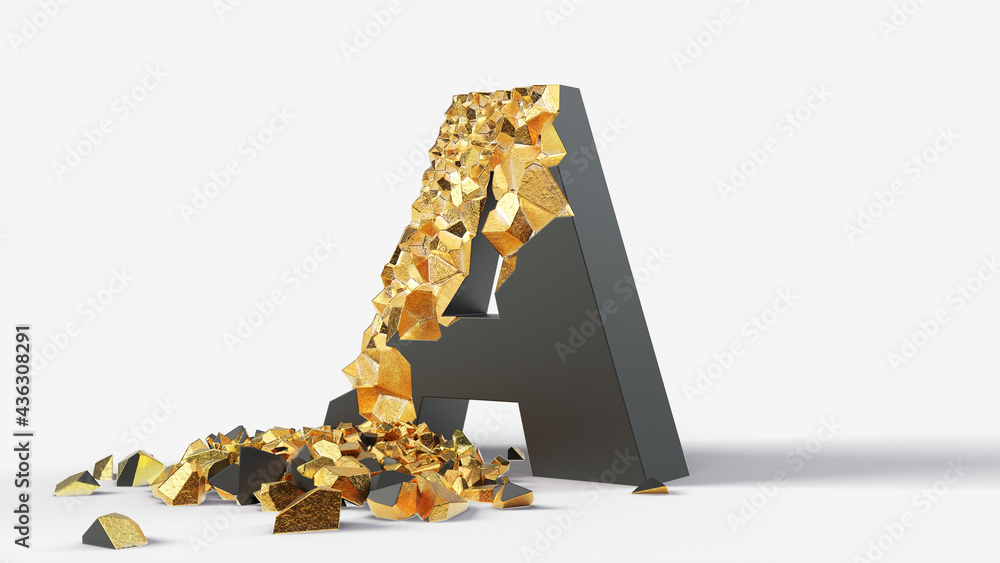 damaged black letter A reveals gold inside. 3d illustration, suitable ...